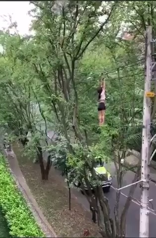 Una mujer muy colgada (de un cable eléctrico) cae aparatosamente en ...