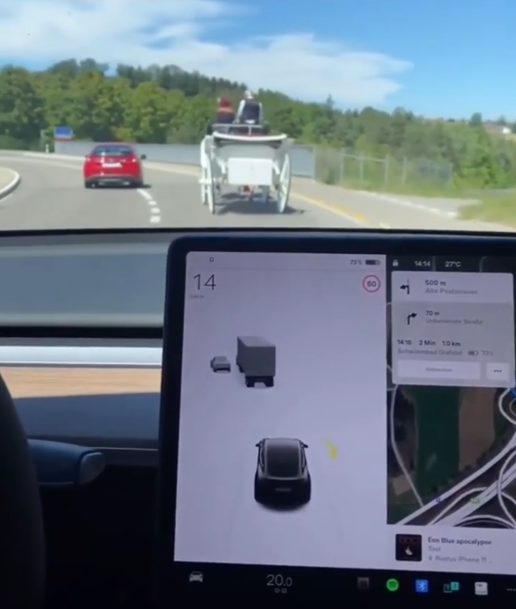 Un Tesla se vuelve loco al intentar identificar un carro de caballos