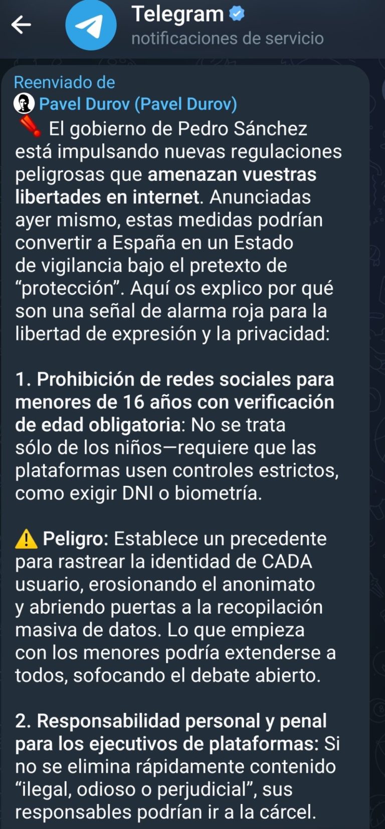 El dueño de Telegram alerta sobre la censura de Pedro Sánchez en un ...